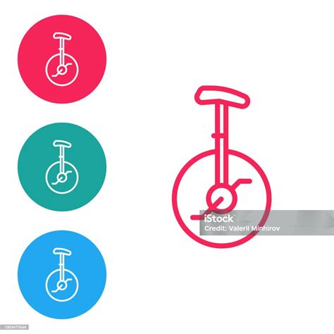 빨간색 줄 외발 자전거 또는 흰색 배경에 격리 된 하나의 휠 자전거 아이콘 모노 휠 자전거 원 버튼에 아이콘을 설정합니다 벡터 두발자전거에 대한 스톡 벡터 아트 및 기타