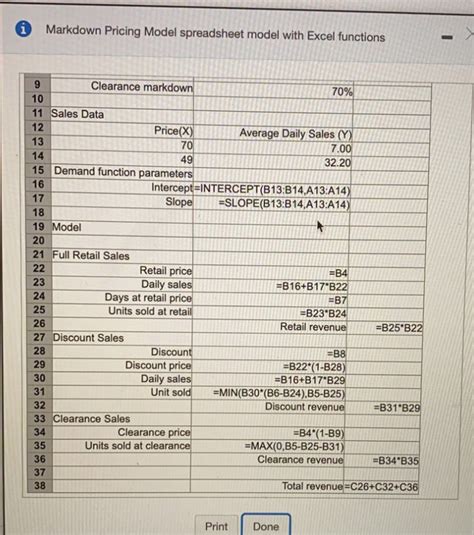 Solved Use The Markdown Pricing Model Spreadsheet Model And