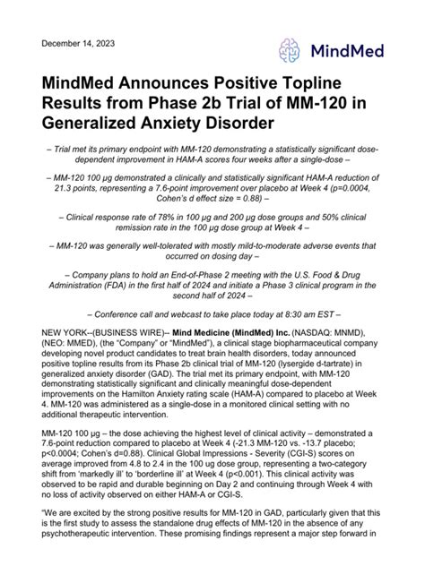 Mindmed Announces Positive Topline Results From Phase 2b Trial Of Mm 120 In Generalized Anxiety