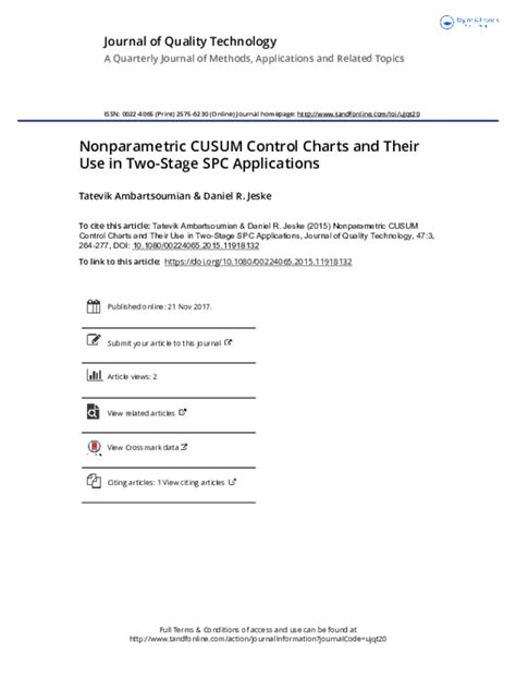 Pdf Nonparametric Cusum Control Charts And Their Use In Two Stage Spc Applications Daniel