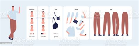 캐릭터 Diy 키트 벡터 평면 디자인 사람들 일러스트레이션 맨 생성자 요소 집합입니다 다양한 감정 머리카락 피부 톤 배낭 장치 손과 다리를 가진 젊은 남성 사무실 또는 학생