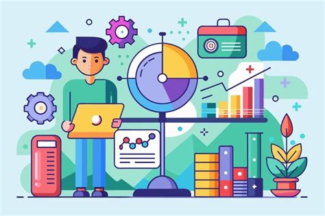 A Character Analyzes Metrics Using Charts And Data Tools In A Colorful Animated Environment