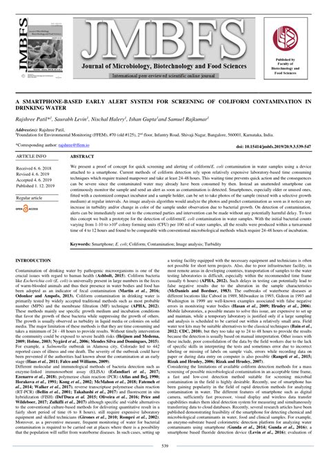 Pdf A Smartphone Based Early Alert System For Screening Of Coliform Contamination In Drinking