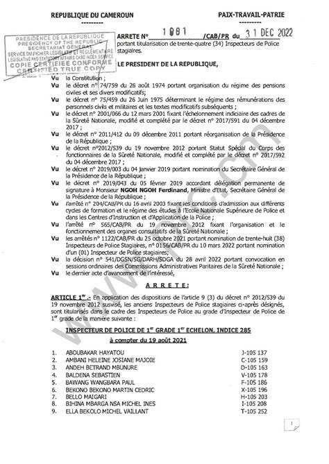 Arrêté N° 1081cabpr Du 31 Décembre 2022 Portant Titularisation De