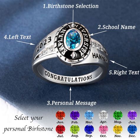 Custom Woman Birthstone School Class Ring With Engraved Text High