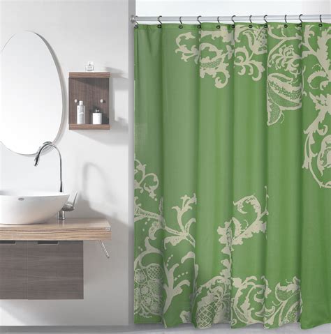 Sage Green Luxury Fabric Shower Curtain With Beige Floral Pattern