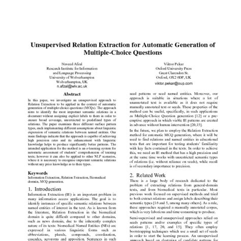 Unsupervised Relation Extraction For Automatic Generation Of Multiple Choice Questions Acl