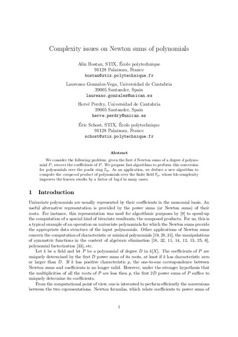 Pdf Complexity Issues On Newton Sums Of Polynomials