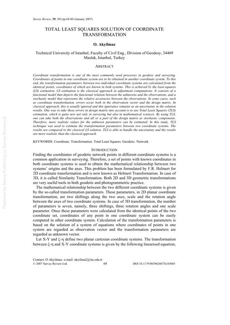 Pdf Total Least Squares In Geodetic Coordinate Transformation