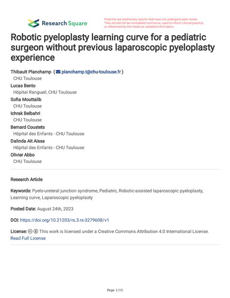Pdf Robotic Pyeloplasty Learning Curve For A Pediatric Surgeon Without Previous Laparoscopic