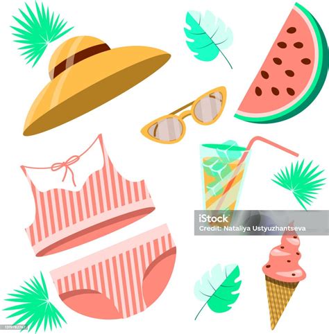 여름 것들 포스터와 캘린더 및 엽서아이콘 집합입니다 비치 컬렉션 수영복 선글라스 큰 여름 모자 칵테일 아이스크림 슬라이스 수박
