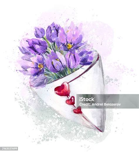 흰색 배경에 하트와 눈방울 꽃다발이 있는 봉투 수채화 그림 1위에 대한 스톡 벡터 아트 및 기타 이미지 1위 가리기 갈란투스 Istock