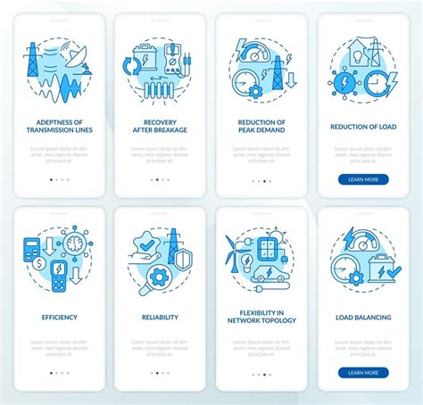 Smart Grid Blue Onboarding Mobile App Screen Set Electric Energy Walkthrough 4 Steps Graphic