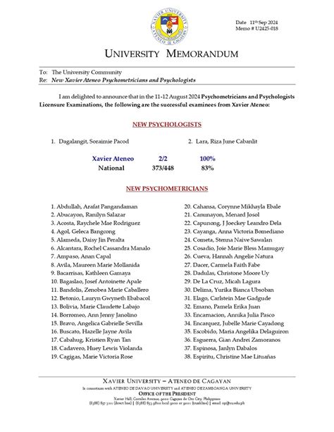 Xavier University Memo U New Xavier Ateneo Psychometricians And Psychologists