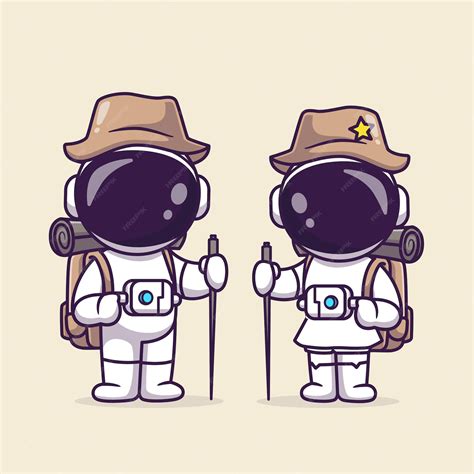 배 ⁇ 을 들고 함께 여행하는 귀여운 우주비행자 커플 만화 ⁇ 터 아이콘 일러스트 과학 플래트 프리미엄 벡터