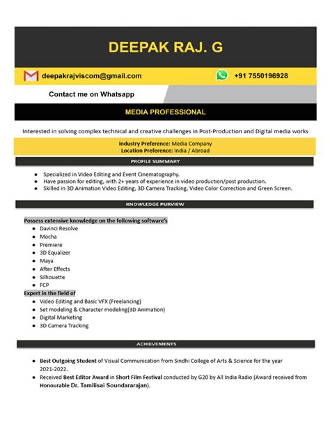 Deepak Resume Pdf Cinematography Editing