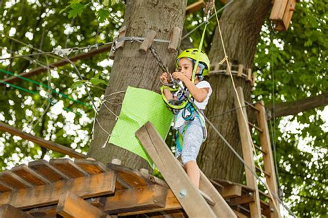 따뜻하고 화창한 여름 날에 등반 어드벤처 파크에서 그녀의 시간을 즐기는 사랑스러운 어린 소녀 어린 아이들을위한 여름 활동 학교 방학에 재미를 아이 걸이 장비에 대한 스톡