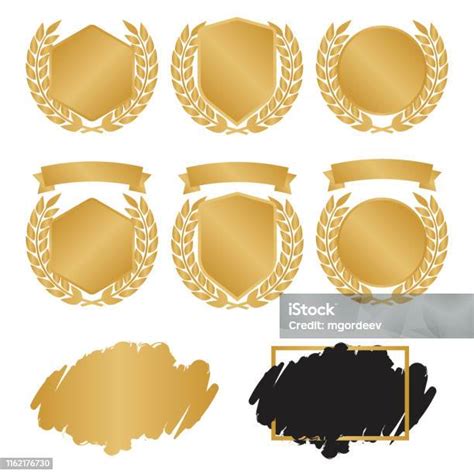 황금 방패 월계수 배지 컬렉션입니다 골드 메달 벡터 일러스트레이션입니다 금메달에 대한 스톡 벡터 아트 및 기타 이미지 금메달 1위 배지 Istock