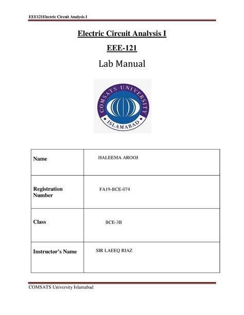 ECA LAB Manual Electric Circuit Analysis EEE Electric Circuit Analysis I Electric Circuit