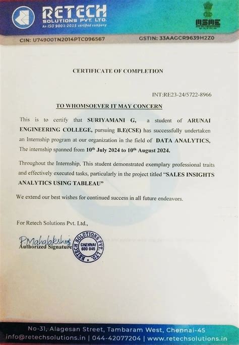 Dataanalytics Tableau Mysql Datavisualization Internship Datascience Suriyamani G