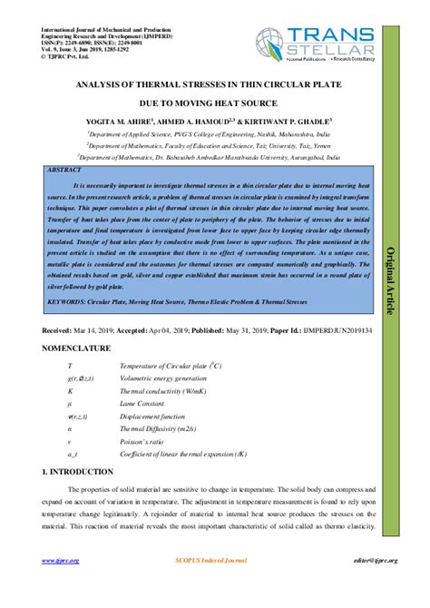 Pdf Analysis Of Thermal Stresses In Thin Circular Plate Due To Moving Heat Source