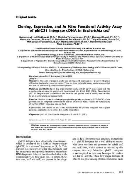 Pdf Cloning Expression And In Vitro Functional Activity Assay Of Phic31 Integrase Cdna In