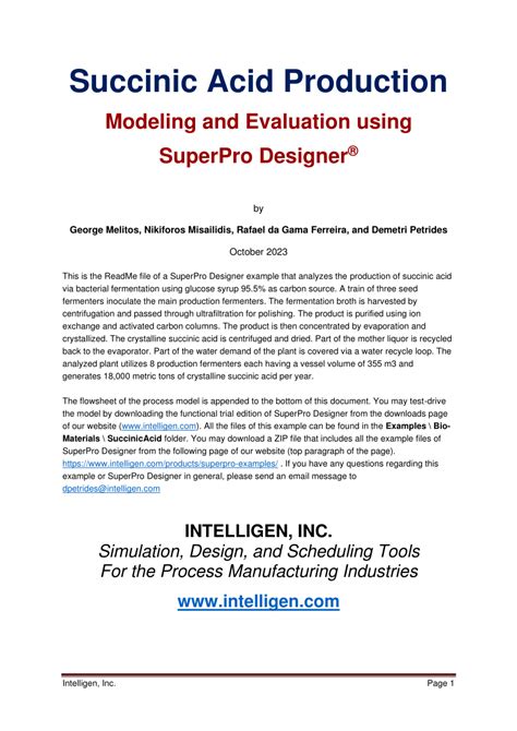 Pdf Succinic Acid Production Via Fermentation Process Modeling And Techno Economic