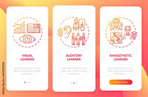 Learning Styles Red Onboarding Mobile App Page Screen With Concepts