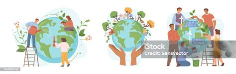 지구의 자연과 환경 건강 생물 다양성 및 녹지를 보존하고 돌봅니다 대체 에너지 및 식물 재배 사용 플랫 스타일의 벡터 행성