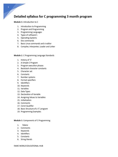 detailed syllabus for c programming 3 month program pdf pointer computer programming