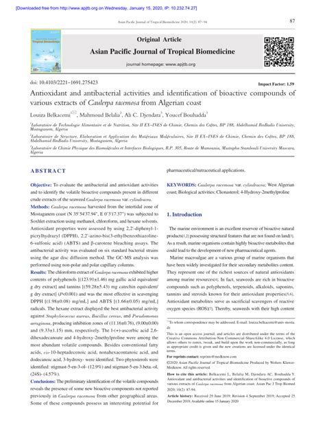 Pdf Antioxidant And Antibacterial Activities And Identification Of Bioactive Compounds Of