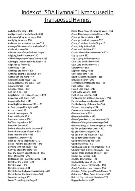 Hymns Index Transposed Hymns