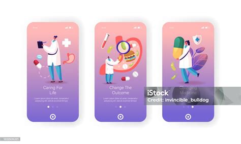 위장병 의료 약속 모바일 앱 페이지 온보드 화면 템플릿 거대한 약 알약과 병에 걸린 환자 위 개념과 작은 의사 문자 만화 사람 벡터 일러스트 개념에 대한 스톡 벡터 아트 및