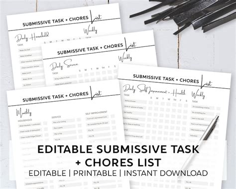 Editable Submissive Task And Chores Household Service And Self Improvement List Discipline