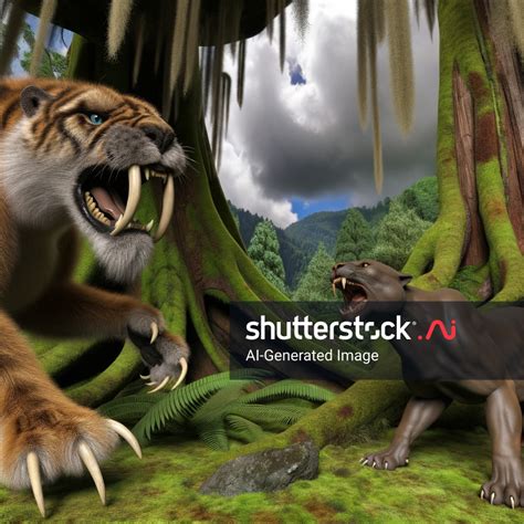 Prehistoric Sabre Tooth Tiger Fighting Panther Ai Generated Image