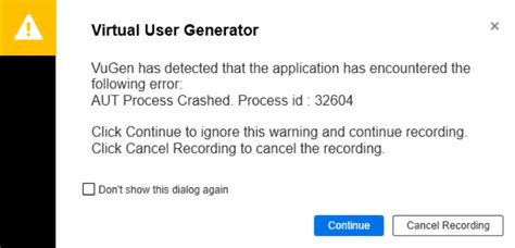 knowledge doc aut process crashed error message during recording with vugen professional