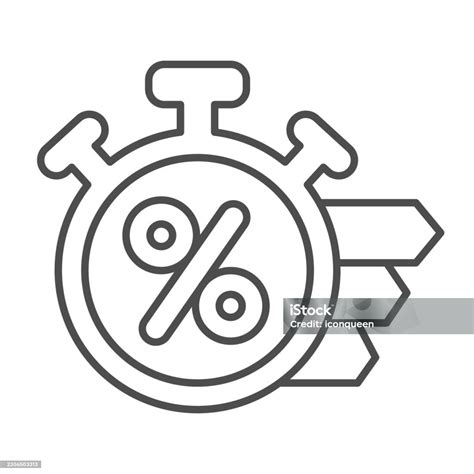 퍼센트 얇은 선 아이콘 블랙 프라이데이 개념이 있는 스톱워치 벡터 그래픽입니다 할인 시간에 대한 시계 타이머 흰색 배경에 쇼핑 표시 모바일 또는 웹 디자인을위한 개요 스타일