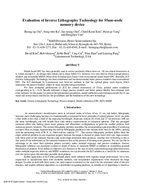 Pdf Evaluation Of Inverse Lithography Technology For 55nm Node Memory Device