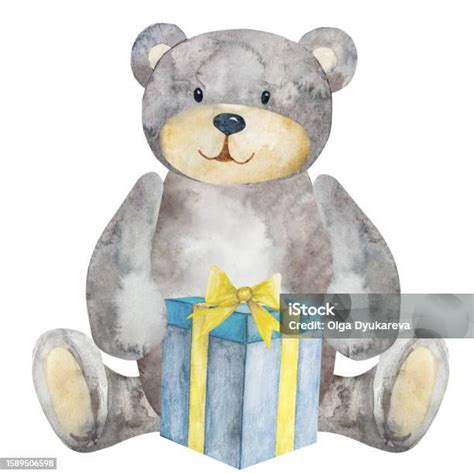 흰색 배경에 수채화 그림입니다 풍선과 선물이 있는 귀여운 만화 테디베어 0명에 대한 스톡 벡터 아트 및 기타 이미지 0명 갈색 구 Istock