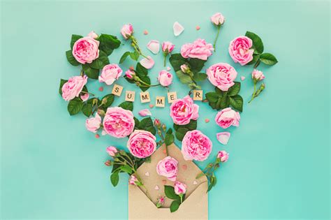 분홍색 Tea 장미 꽃 크리에이 티브 레이아웃 밝은 청록색 배경에 심장의 모양에 Croped 크 래 프 트 종이 봉투에서 비행을 떠난다 나무 편지 여름 글자 단어 텍스트를