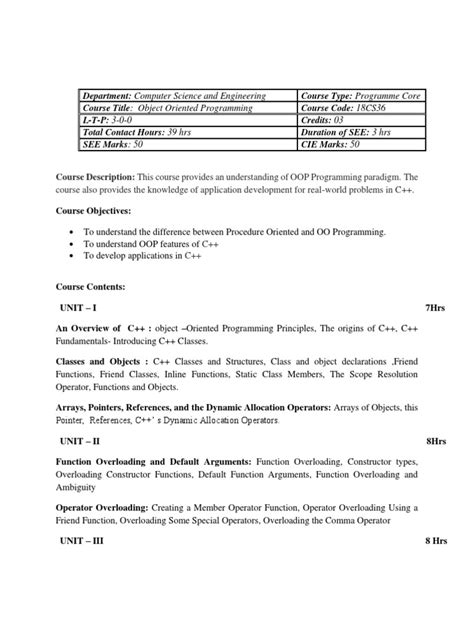 Oop Syllabus Good Pdf C Class Computer Programming