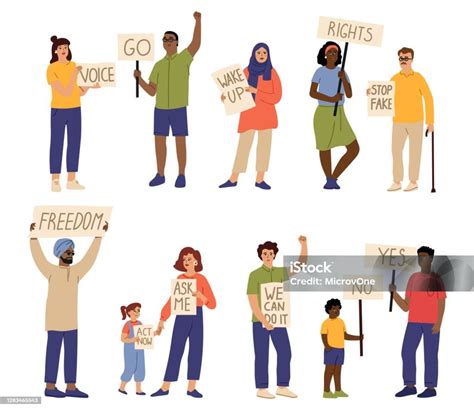 군중에 항의합니다 현수막을 들고 있는 사람들 빈 배너가 달린 소녀 고립 된 데모 팀 만화 활동가 노동자 파업 벡터 문자 시위자에 대한 스톡 벡터 아트 및 기타 이미지
