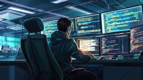 Young Programmer Working On Modern Multimonitor Workspace In Dark Modern Office Premium Ai