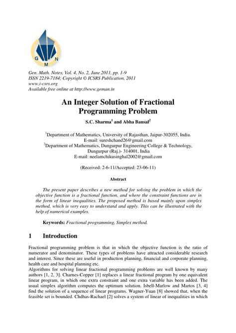 Pdf An Integer Solution Of Fractional Programming Problem