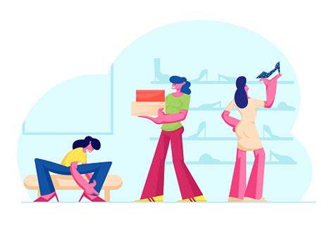 상점에서 발기어와 선반 근처 소파에 앉아 신발에 노력하고 젊은 여자 어린 소녀는 시장이나 쇼핑몰에서 신발을 선택하고 피팅합니다 쇼핑 여가 시간 만화 플랫 벡터 일러스트