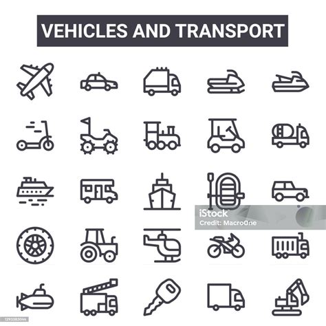 차량 및 전송 개요 아이콘 세트입니다 비행기 전기 스쿠터 풍선 보트 오토바이 트럭 쓰레기 트럭 굴착기 기차와 같은 얇은 라인