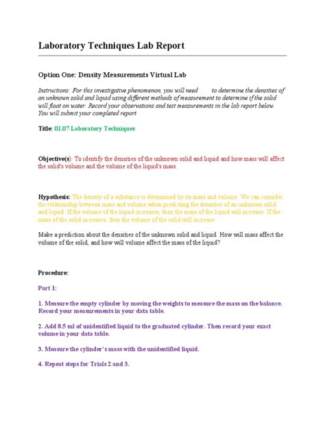 laboratory techniques option one report solved pdf density volume