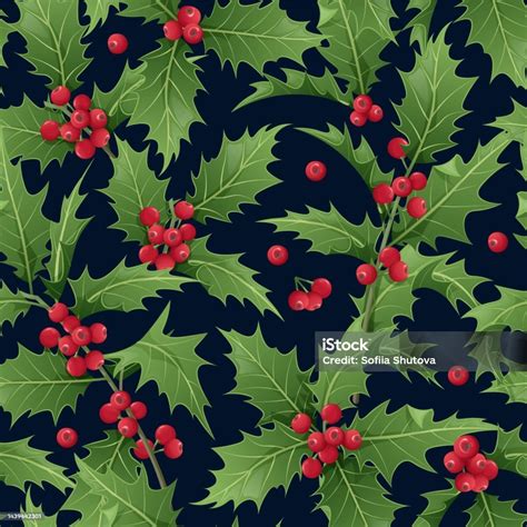 어두운 배경에 홀리 가지가 있는 크리스마스 매끄러운 패턴 크리스마스 분위기 포장지 벽지 섬유에 적합 빨강에 대한 스톡 벡터 아트