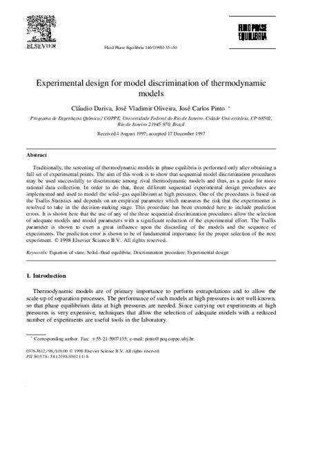 Pdf Experimental Design For Model Discrimination Of Thermodynamic Models