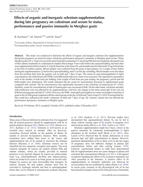 Pdf Effects Of Organic And Inorganic Selenium Supplementation During Late Pregnancy On